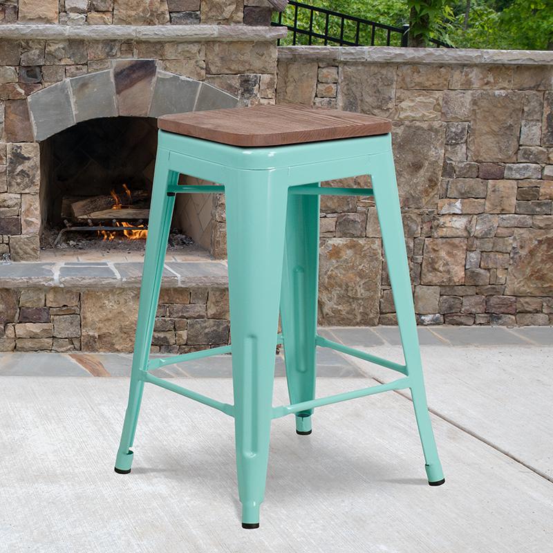 24'' High Backless Mint Green Counter Height Stool with Square Wood Se ...