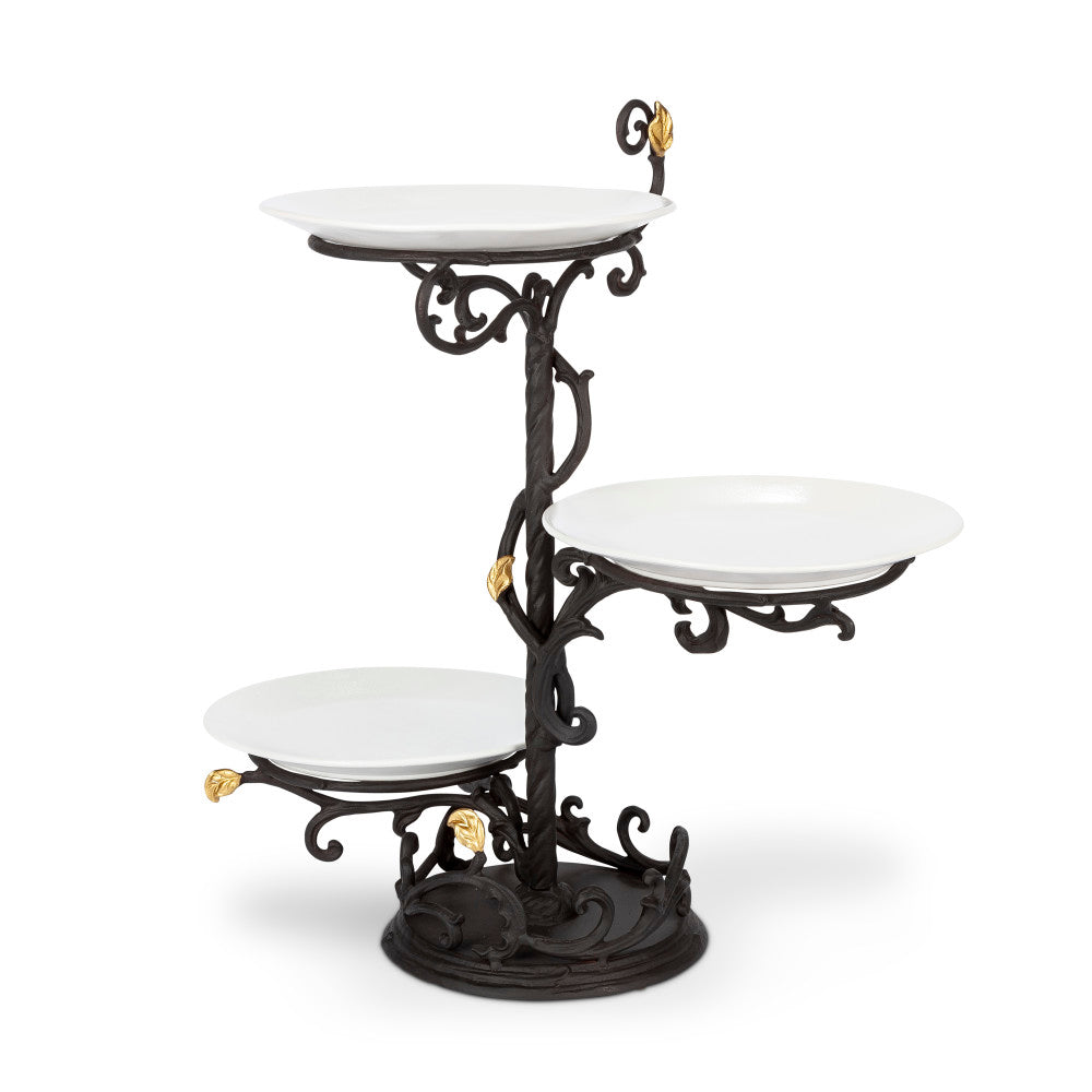 19-Inch Tall Gold Leaf 3-Tier Server with Ceramic White Stoneware Plat ...
