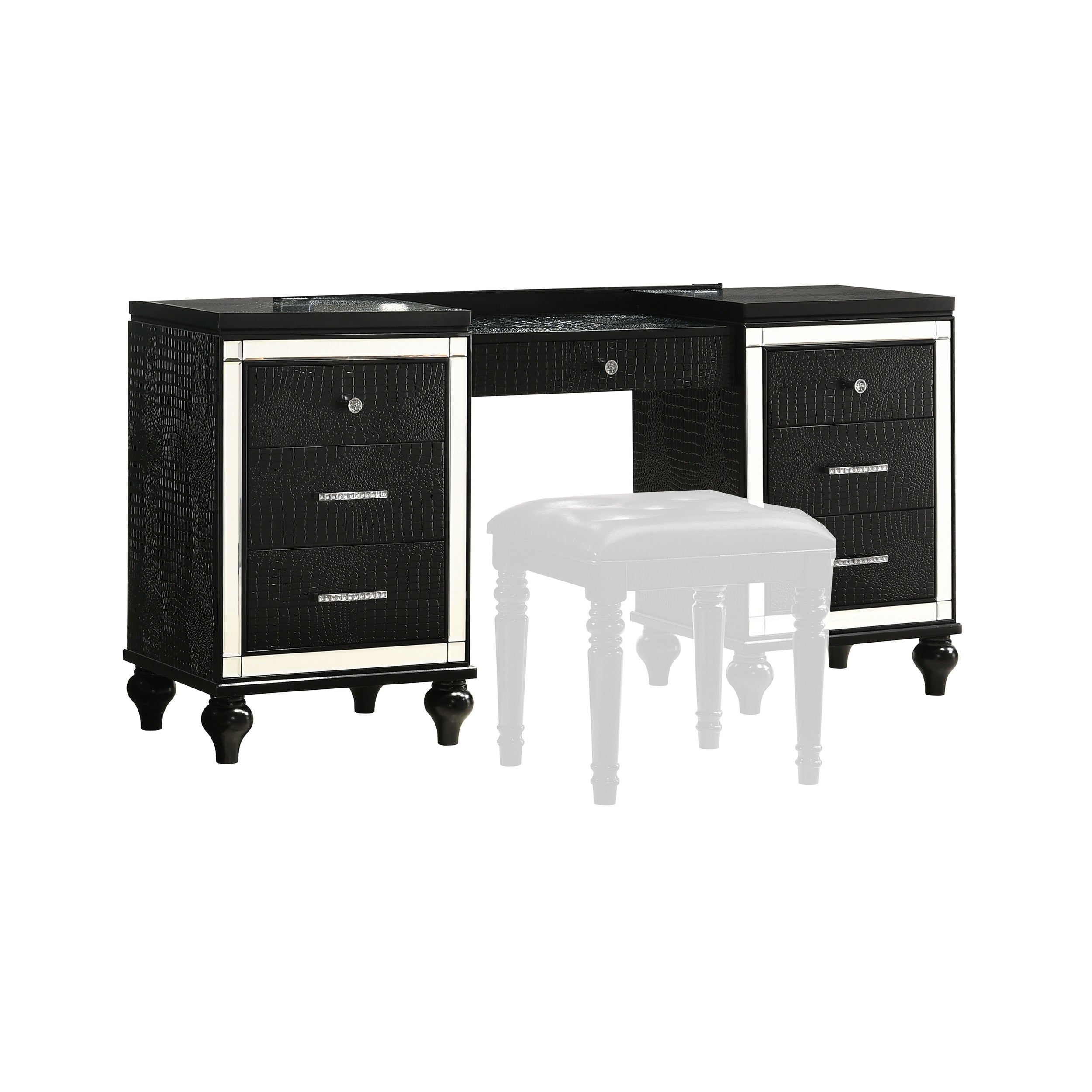 Kya 64 Inch Vanity Dresser Table with 7 Drawers Mirrored Trim Glam Bla ...