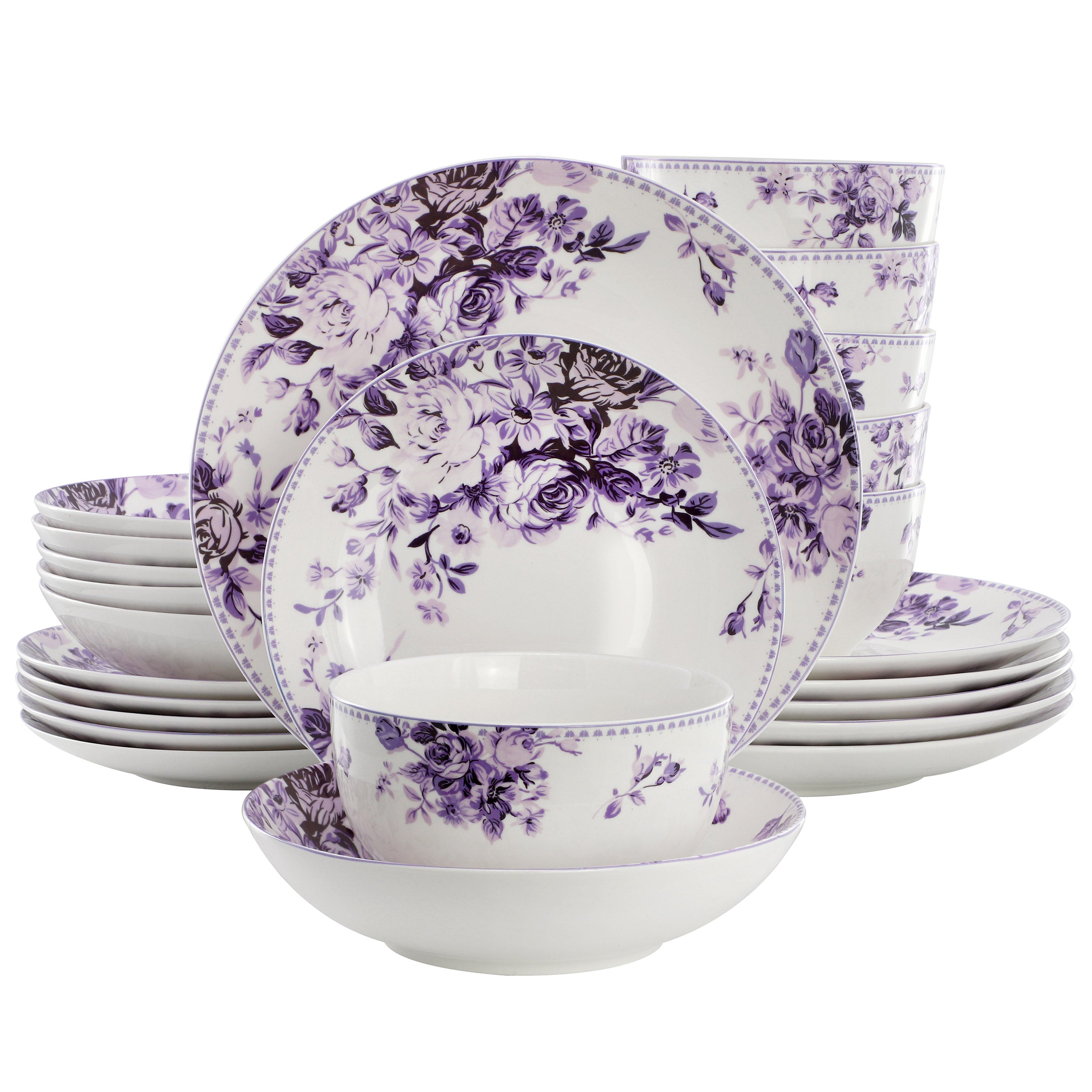 Elama Traditional Purple Rose 24 Piece Porcelain Double Bowl Dinnerwar ...