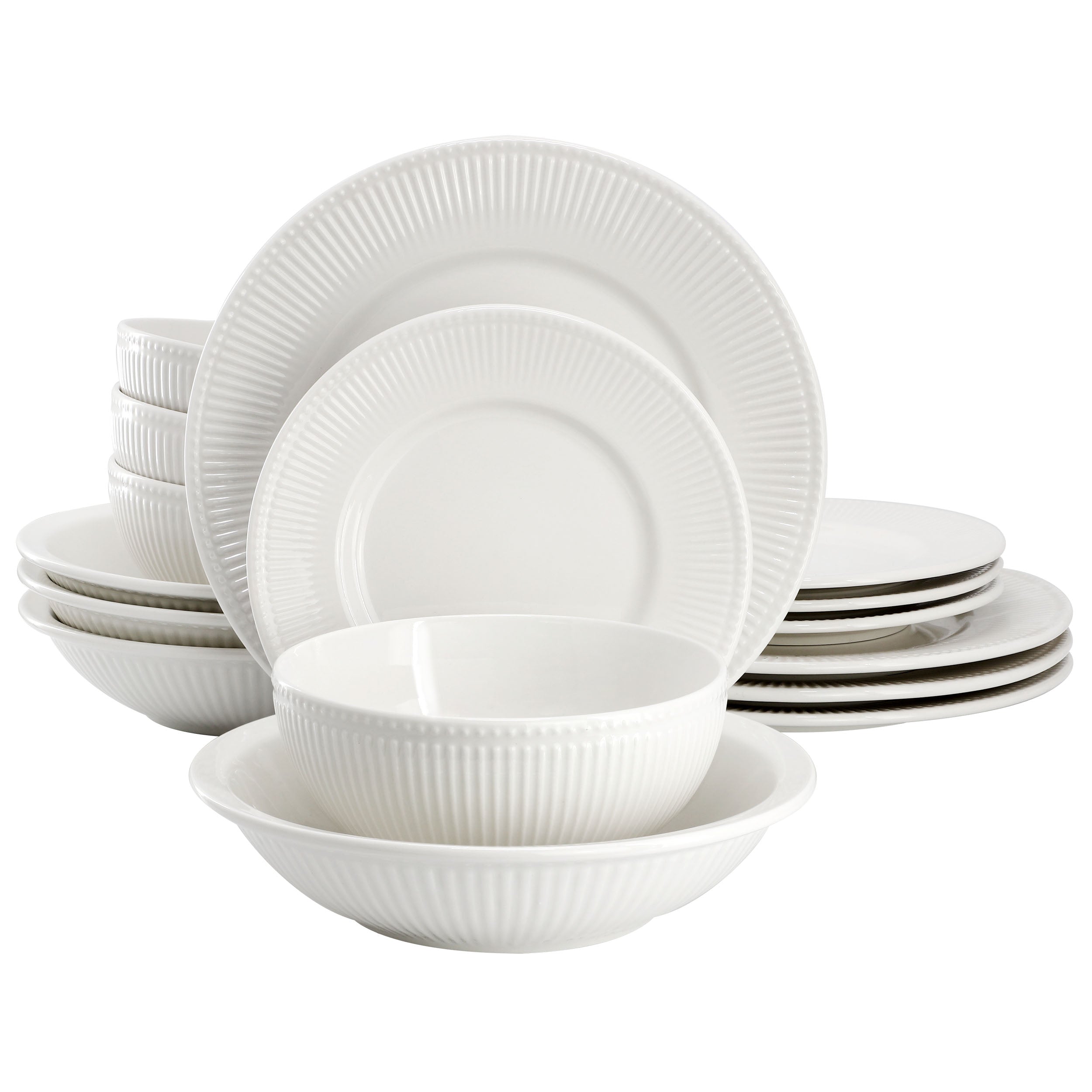 Elama Kate 16 Piece Textured Trim Double Bowl Porcelain Dinnerware Set ...